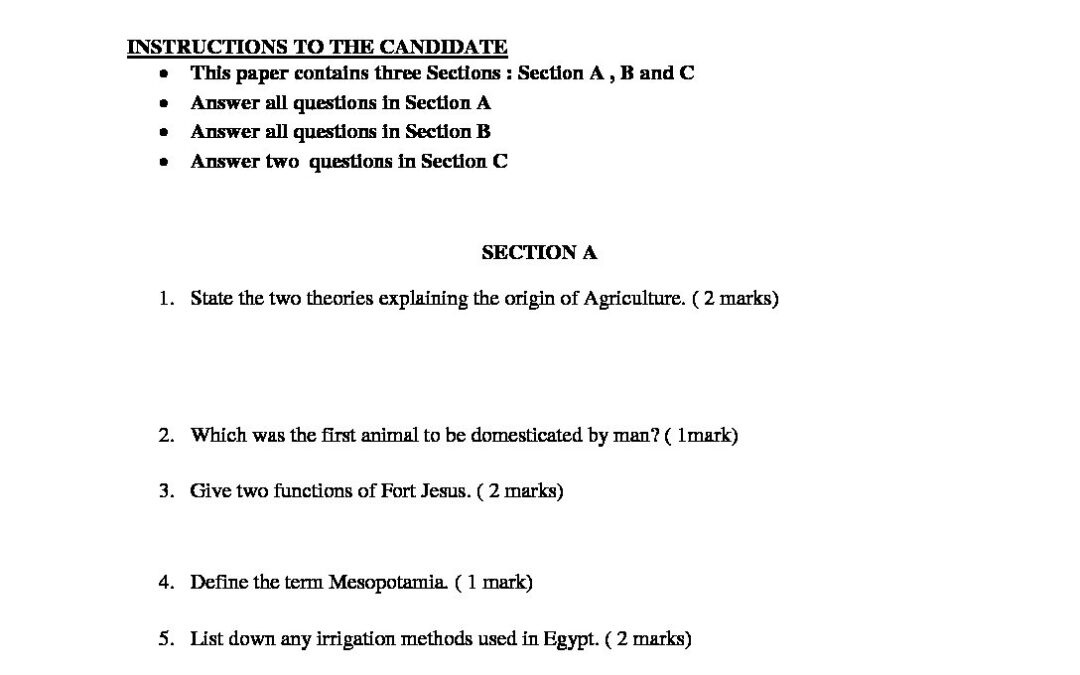 Form One History Set 2 QS | Enhanced Education Group